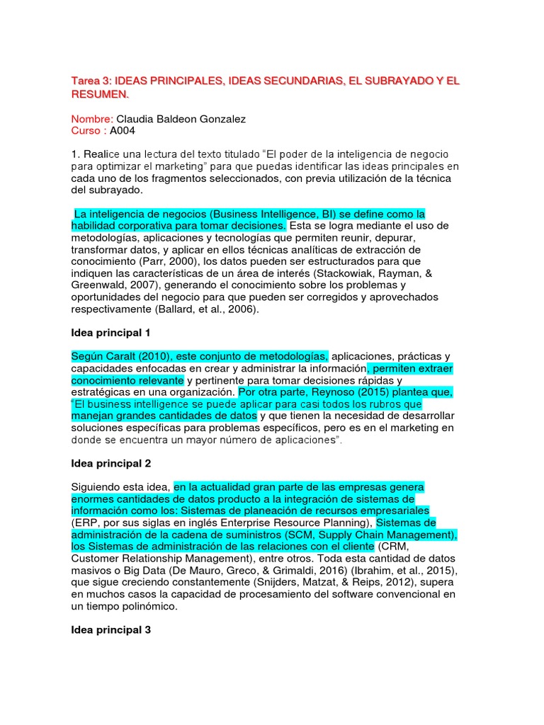Idea Principal Subrrayado Resusmen | PDF | Inteligencia de negocios ...