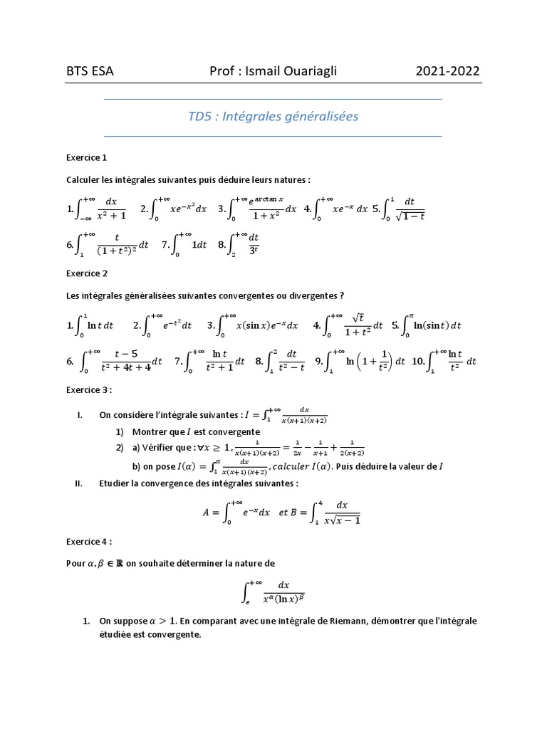 Exercices Corrigés d'Intégrales Généralisées | PDF | Limite ...