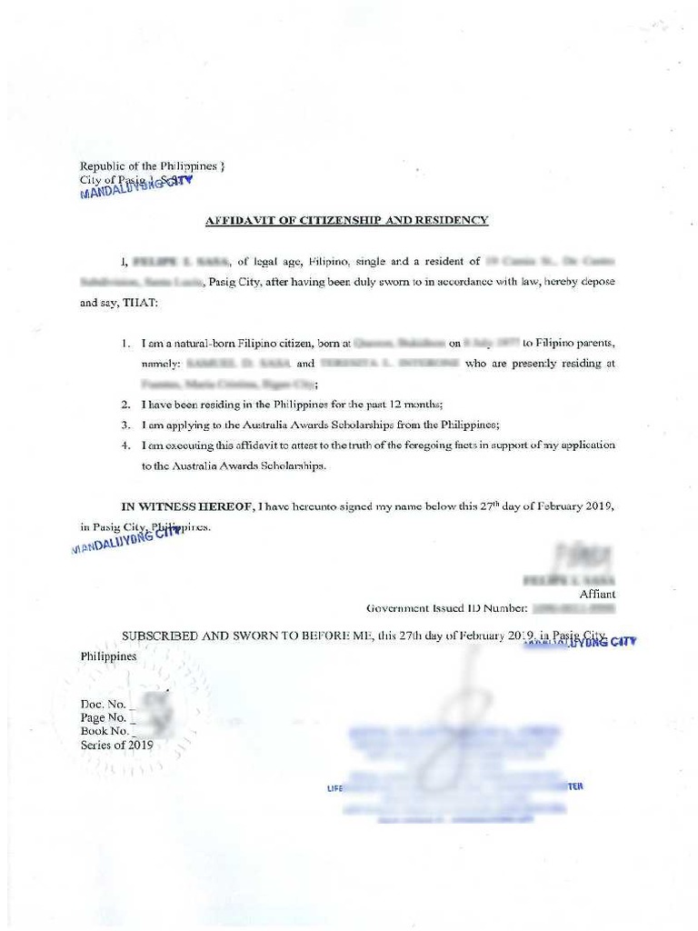 Sample Affidavit of Residency and Citizenship Notarized Blurred | PDF
