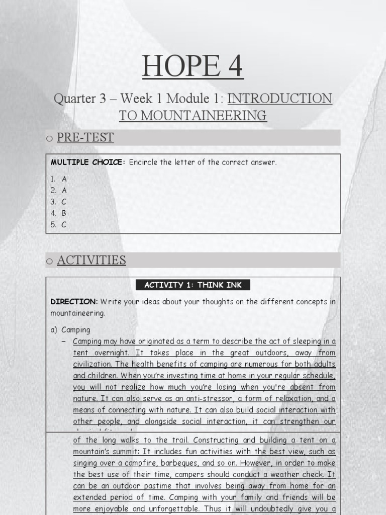 Hope 4: Quarter 3 - Week 1 Module 1: INTRODUCTION To Mountaineering ...