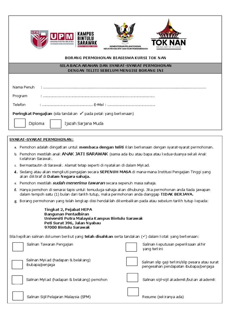 Borang Biasiswa Kursi Tok Nan | PDF