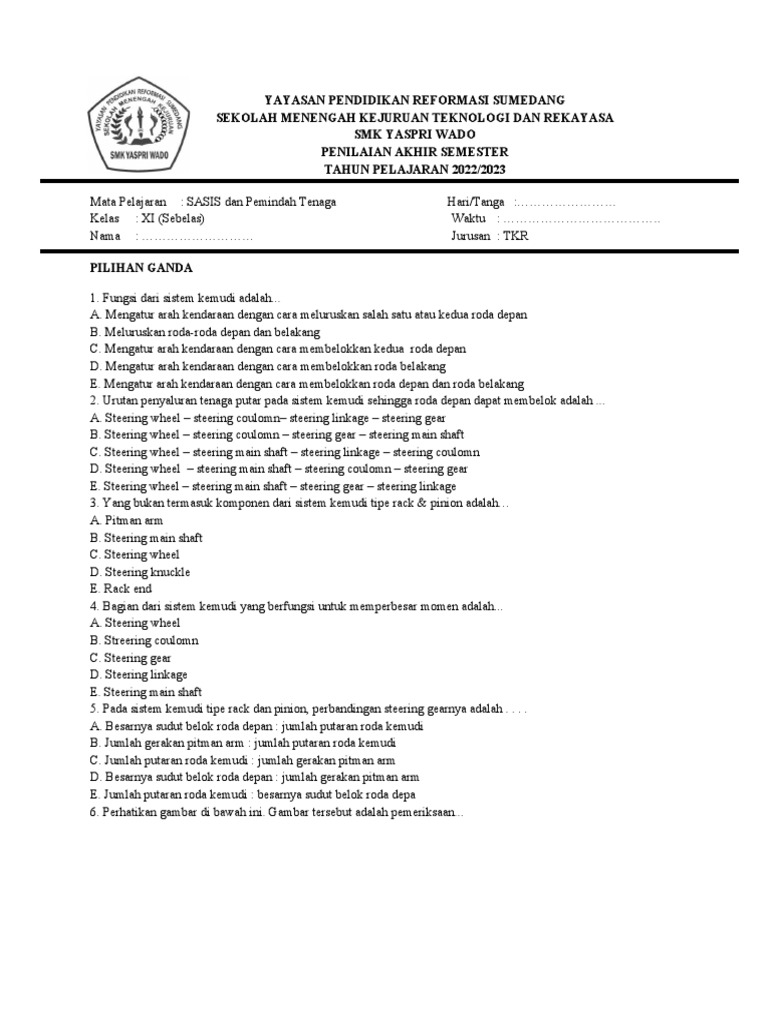 Ujian Akhir Semester SMK TKR | PDF