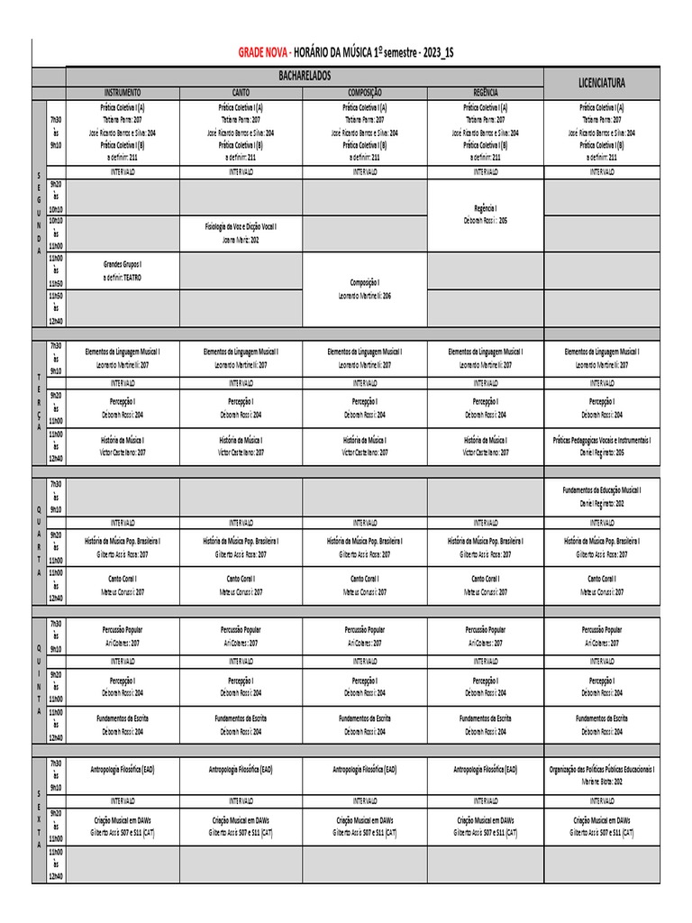 Grade Horária Música 2023 - 1º Semestre | PDF | Artes Cênicas | Som