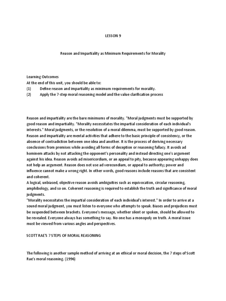 Ethics - LESSON 9 Reason and Impartiality As Minimum Requirements For ...