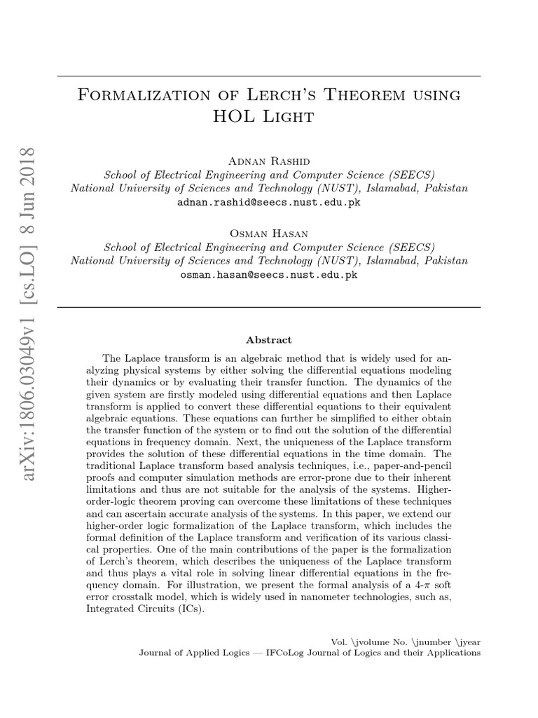 Formalization of Lerch's Theorem Using HOL Light: Adnan Rashid | PDF | Laplace Transform ...