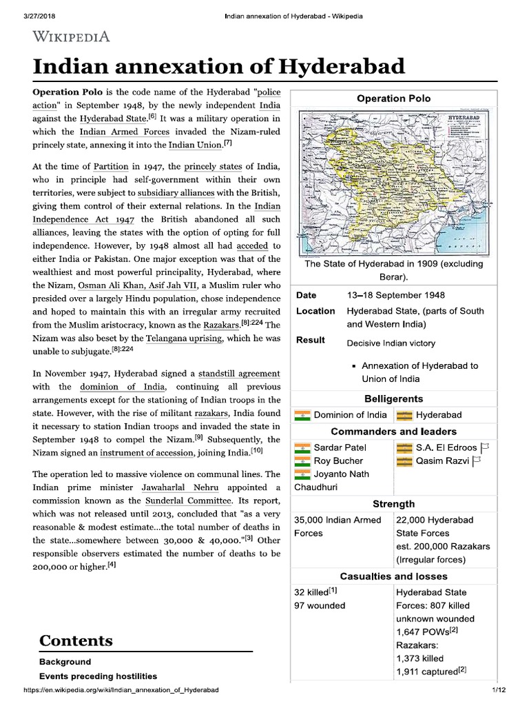 Operation Polo Annexation of Hyderabad | PDF