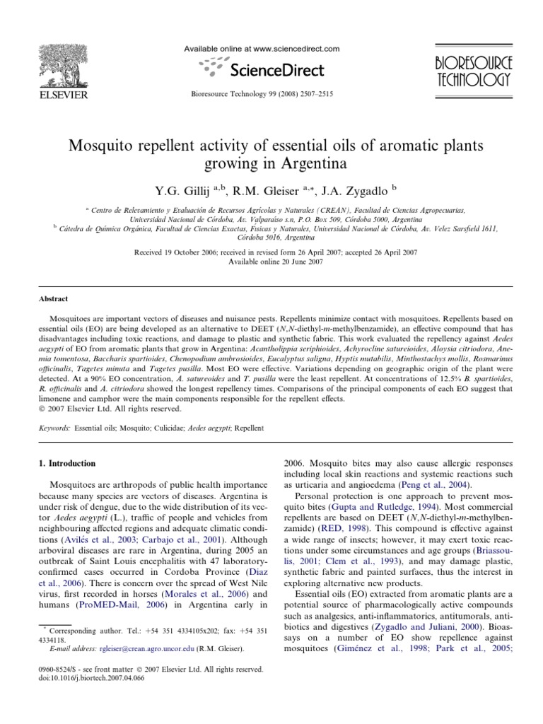 Mosquito Repellent Activity of Essential Oils of Aromatic Plants | PDF ...