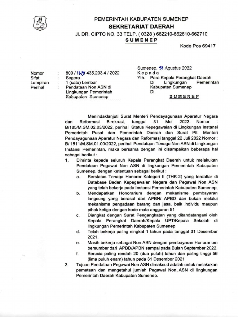Surat Pendataan Non Asn 2022 | PDF