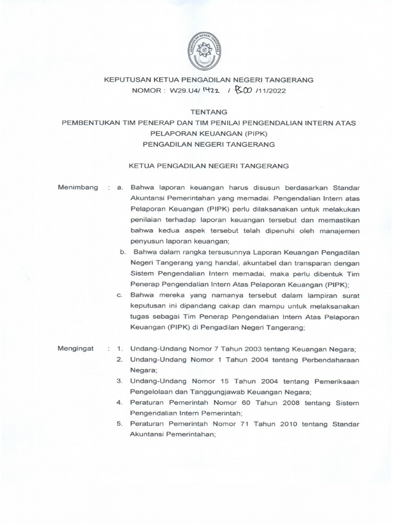 SK Pembentukan Tim Penerap Dan Tim Penilai PIPK Pengadilan Negeri ...