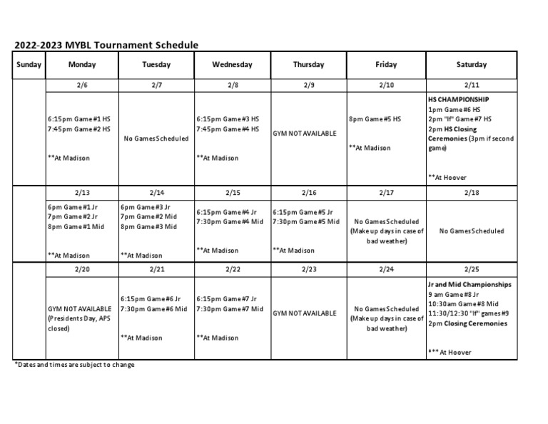 MYBL 2022-2023 Tournament Schedule | PDF