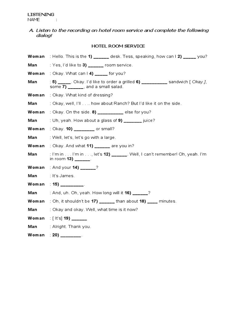 Listening Hotel Room Service | PDF | Hamburgers | Western Cuisine