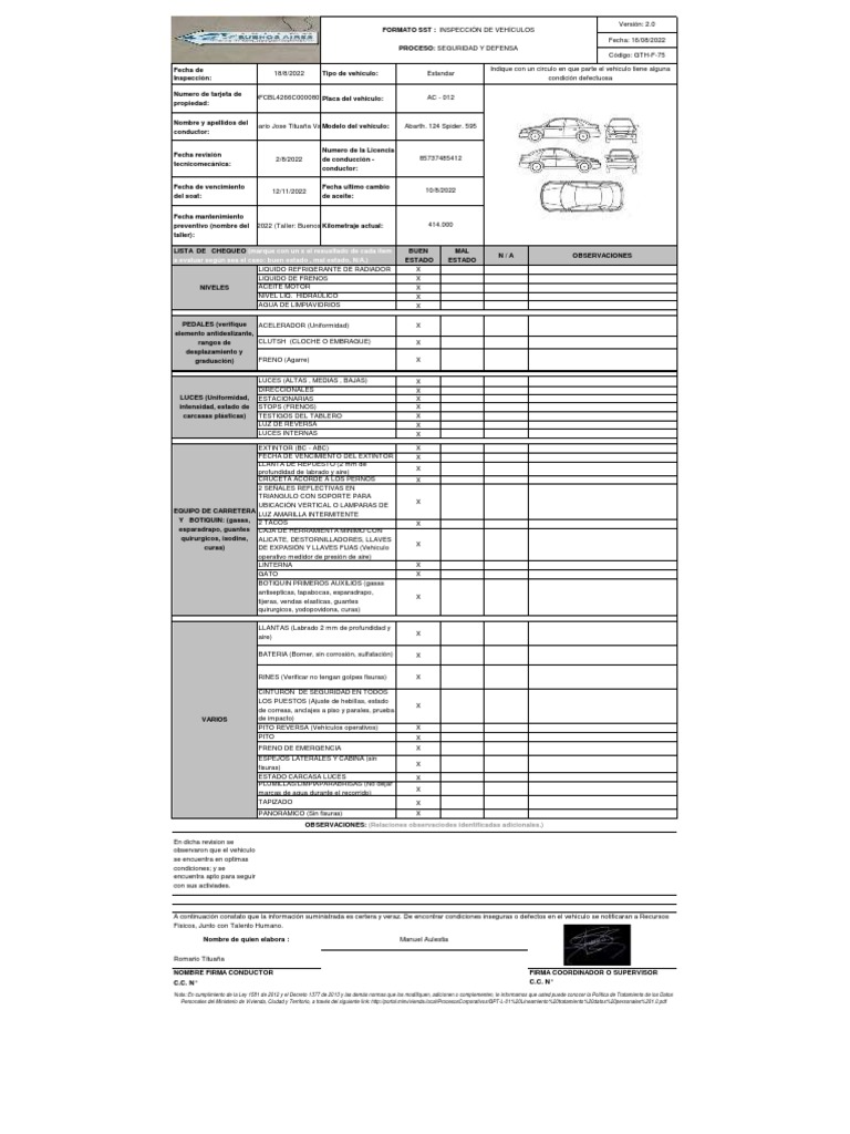 Formato De Inspeccion De Vehiculo