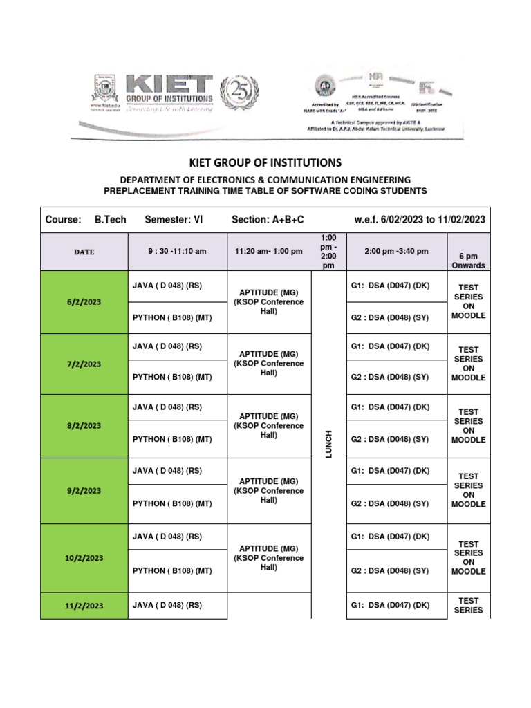 Time Table Pre-Placement Training | PDF | Electrical Engineering ...