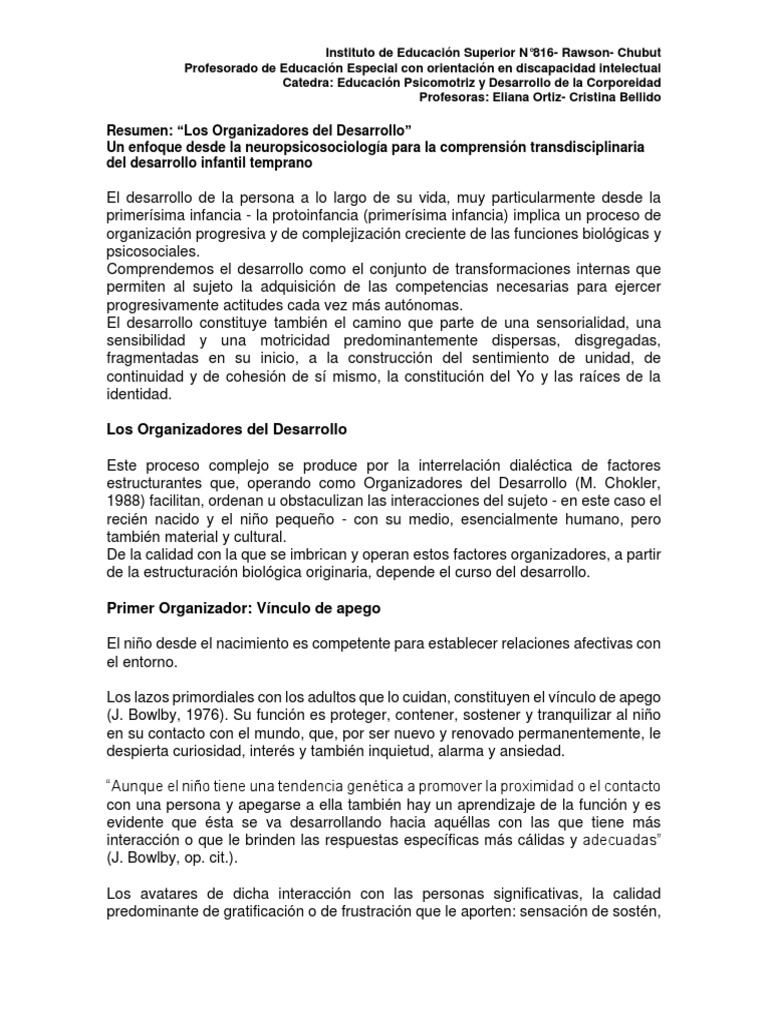 Resumen Organizadores Del Desarrollo | PDF | Teoría de apego | Aprendizaje