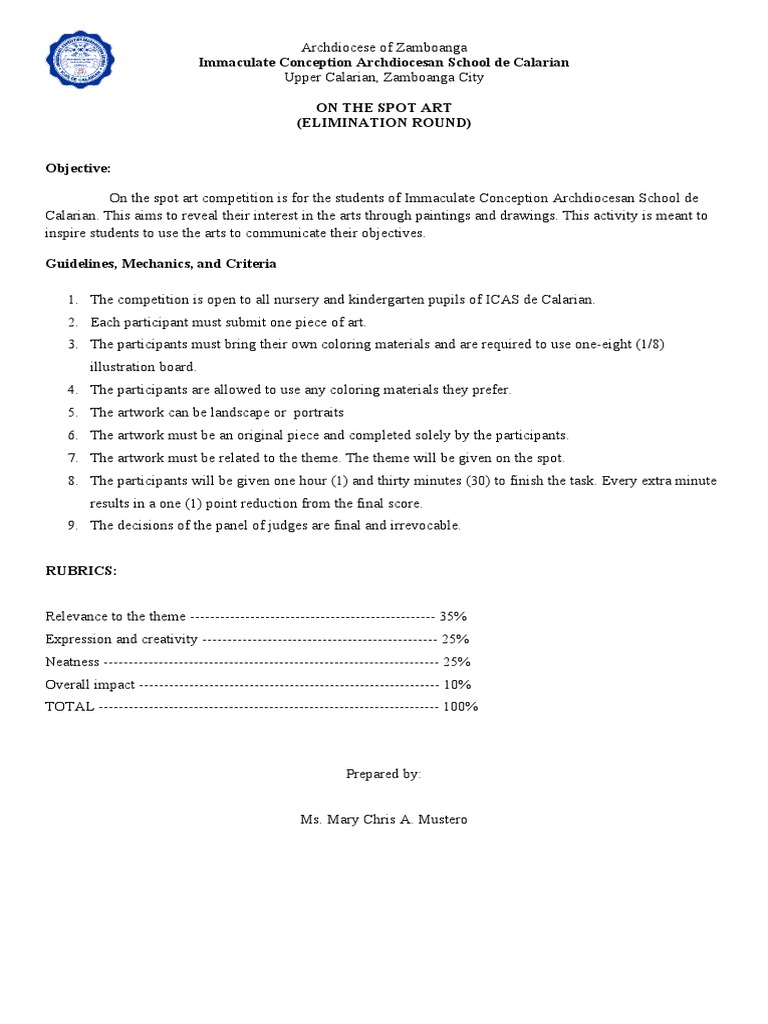 Guidelines For On The Spot Art Competition - Nursery | PDF