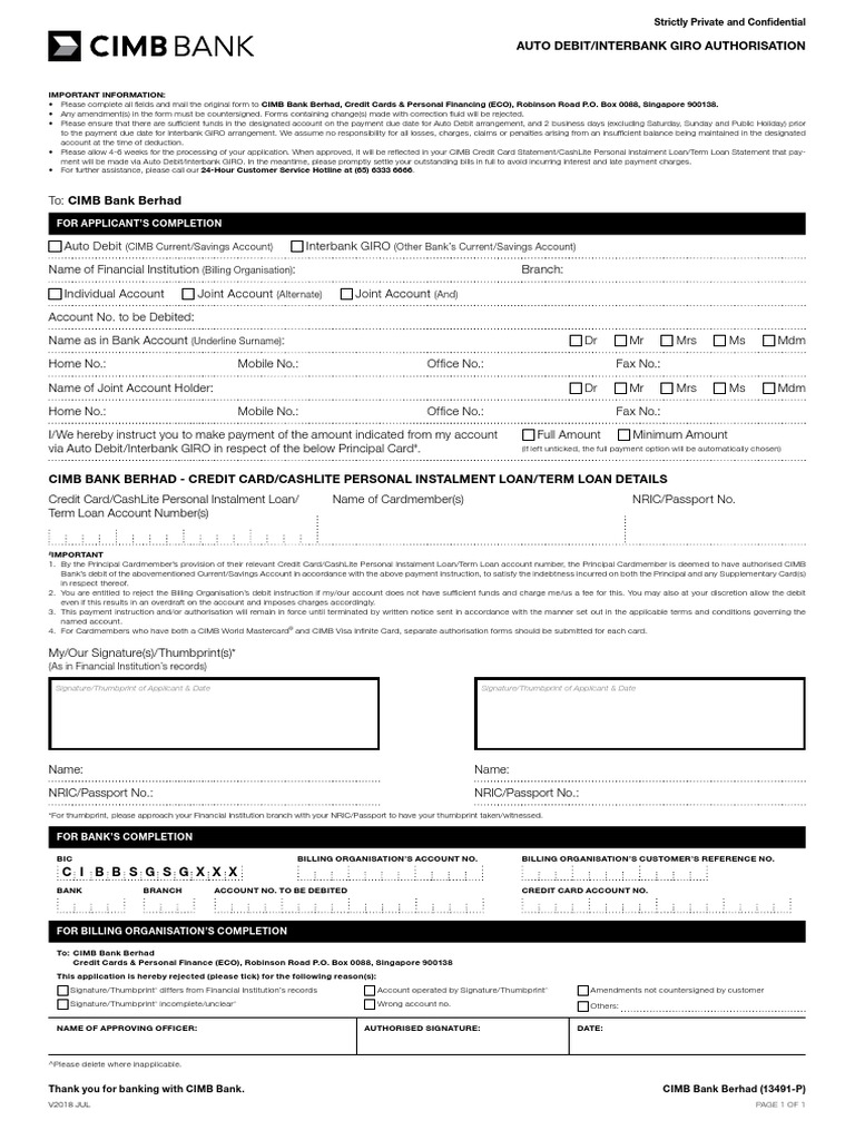 Form Auto Debit Giro Authorisation | PDF | Debit Card | Credit Card