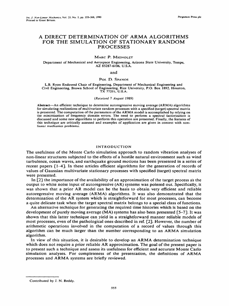 Spanos A Direct Determination of ARMA Algorithms For The Simulation Fo Stationary Random ...