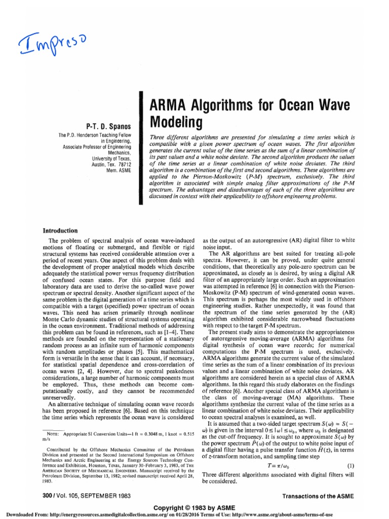 Spanos ARMA Algorithms For Ocean Wave Modeling | PDF | Spectral Density | Time Series