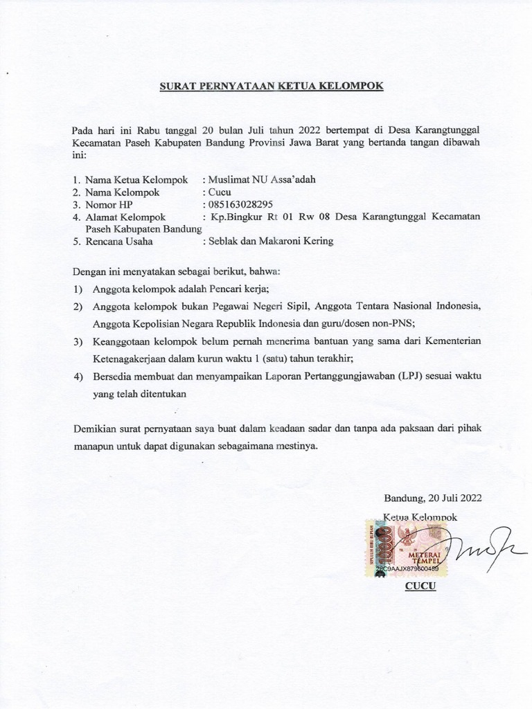 Surat Pernyataan TKM Muslimat | PDF