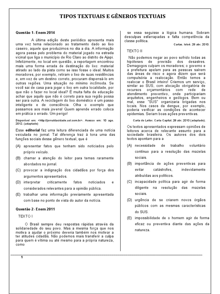 Exercicios Generos e Tipos Textuais | PDF Exercicios Generos e Tipos Textuais | PDF
