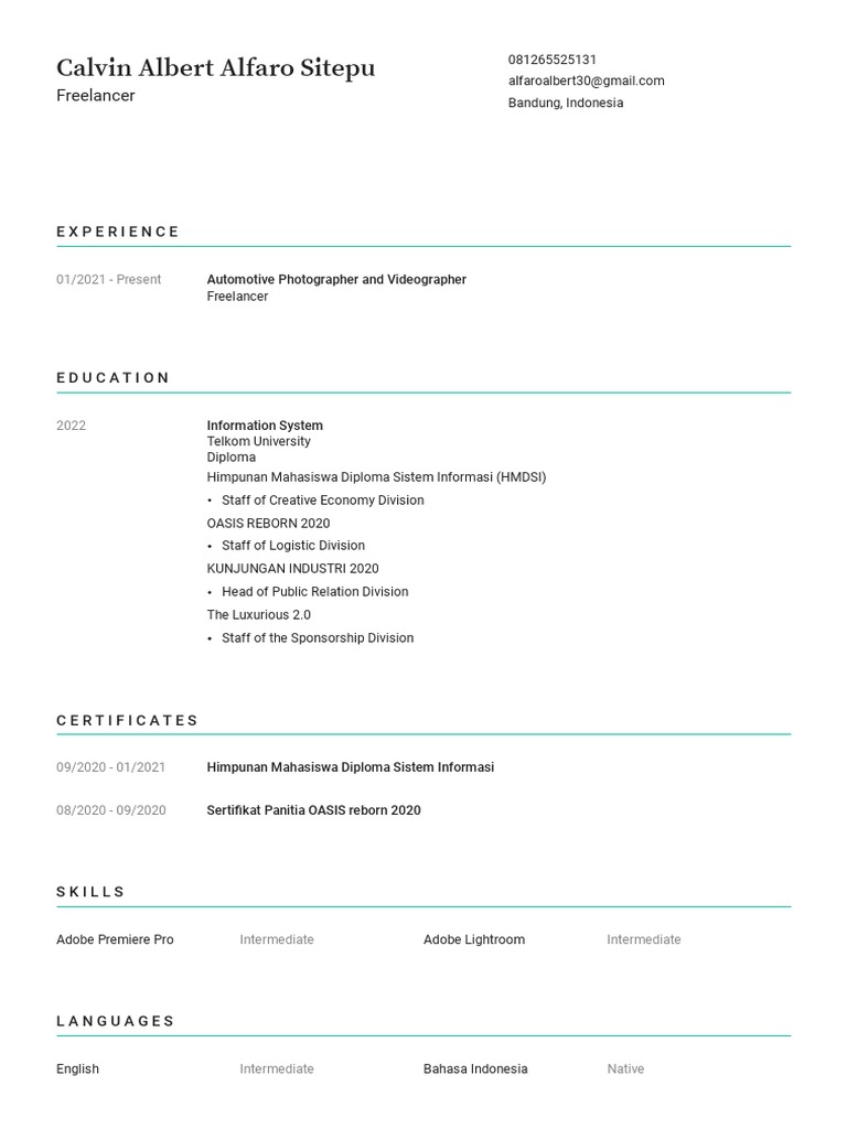 Curriculum Vitae - Calvin Albert Alfaro Sitepu | PDF