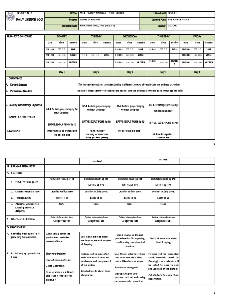 Grade 7 TVE Daily Lesson Log | PDF | Learning | Curriculum