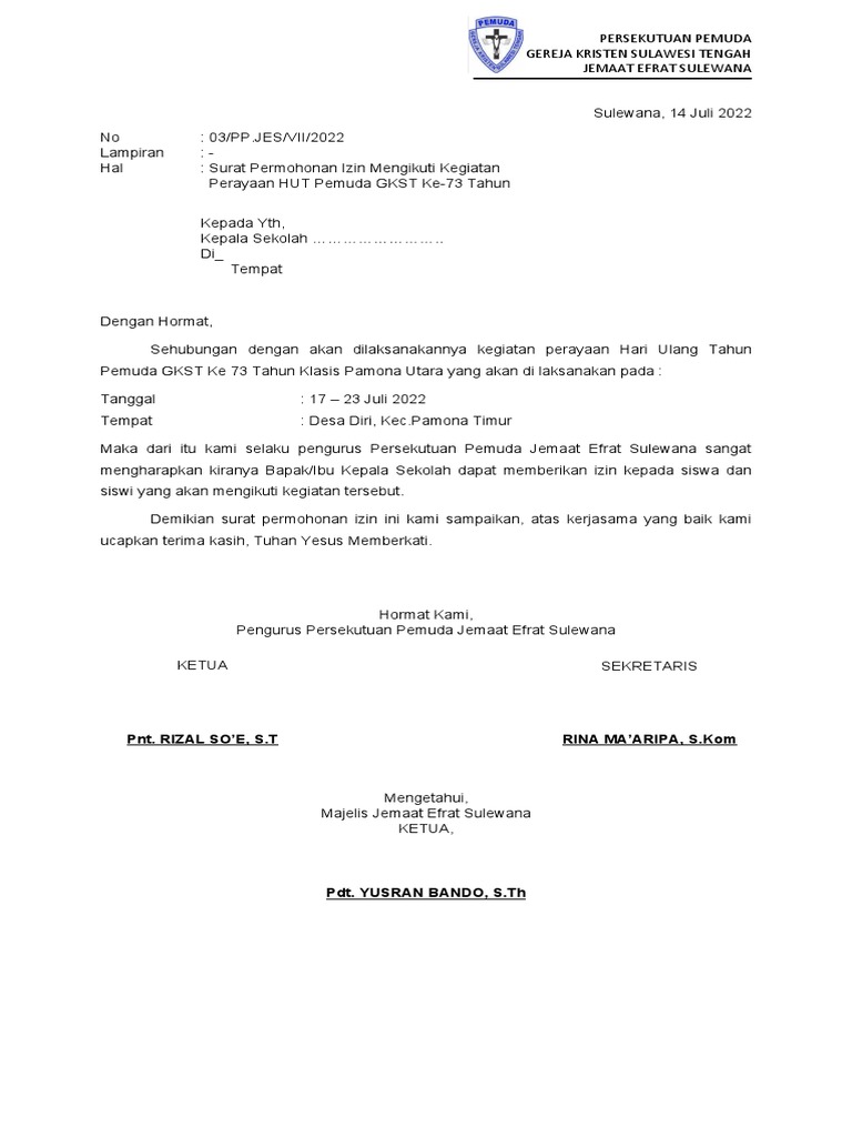 Contoh Surat Izin Sekolah Untuk Mengikuti Kegiatan | PDF