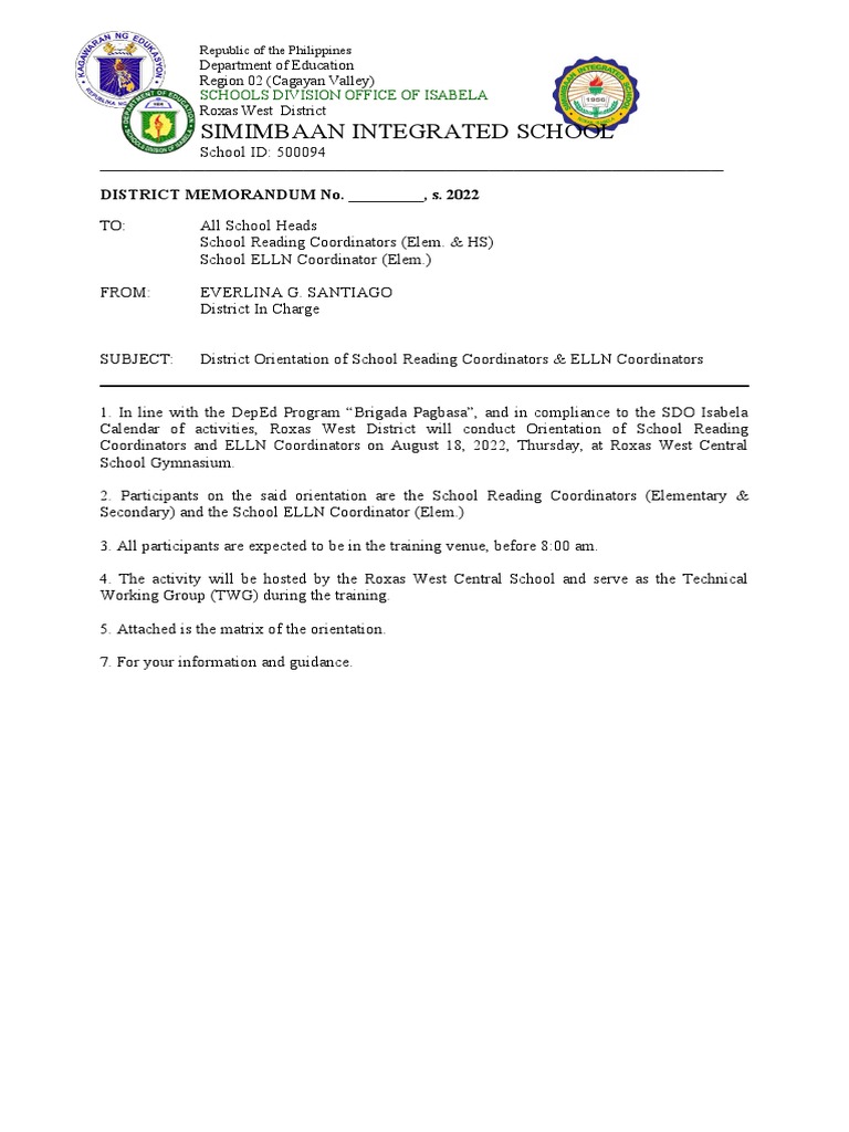 Dist. Memo On Reading ELLN | PDF | Philippines | Government