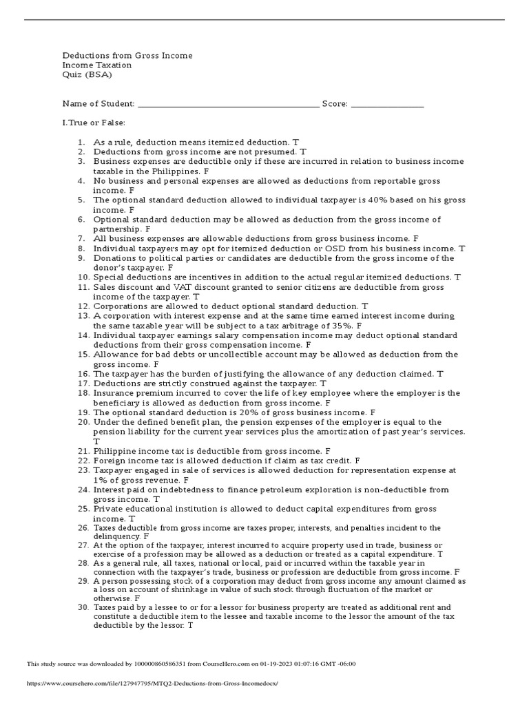 MTQ2 Deductions From Gross Income | PDF | Tax Deduction | Expense