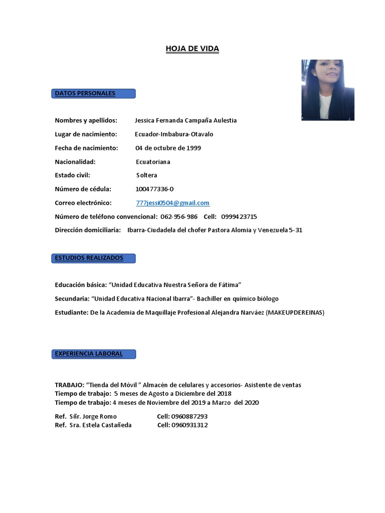 Hoja de Vida de Jessica Campaña | PDF | Ciencias sociales