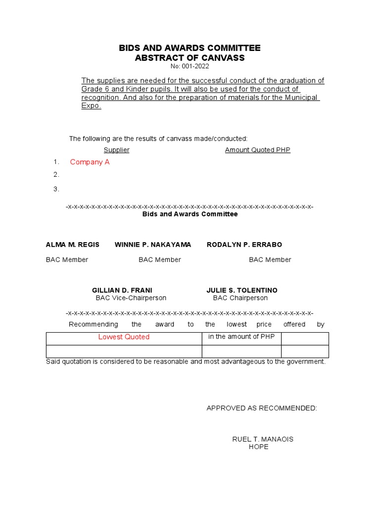 Abstract of Canvass for Supplies and Repair Works for Punta Elementary ...