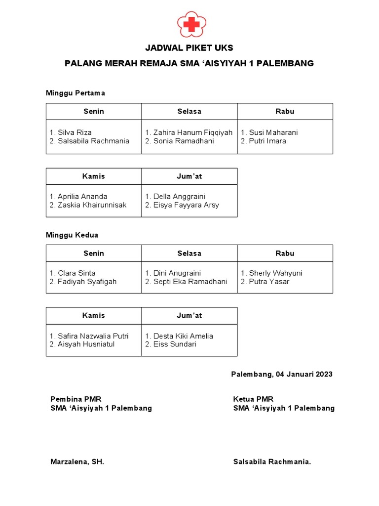 Jadwal Piket UKS PMR SMA Aisyiyah 1 | PDF