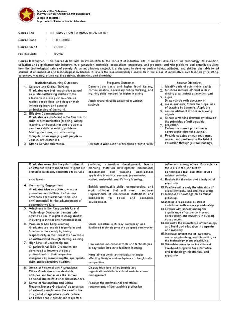 Introduction to Industrial Arts Syllabus | PDF | Educational Assessment ...