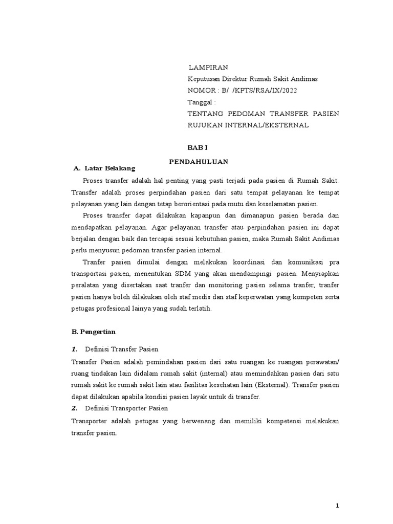 PEDOMAN TRANSFER PASIEN INTERNAL DAN EKSTERNAL Fix | PDF