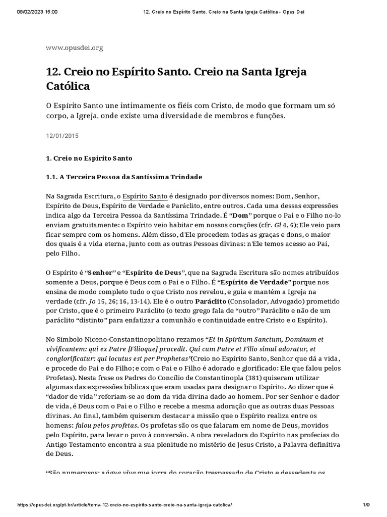 Creio No Espírito Santo. Creio Na Santa Igreja Católica - Opus Dei | PDF | Igreja católica ...