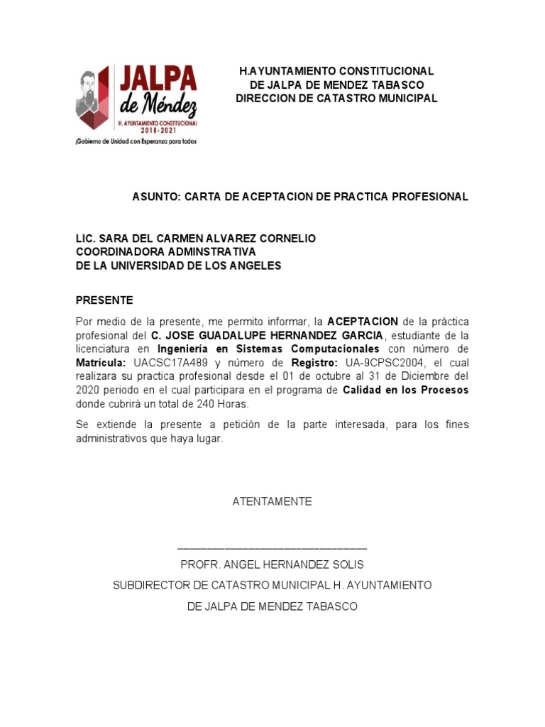 Carta de Aceptacion de Practica Profesional | PDF