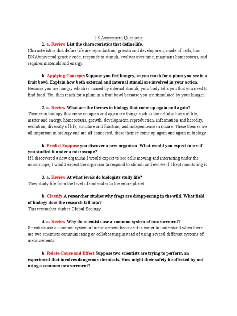 1.3 Assessment Questions | PDF | Life | Biology