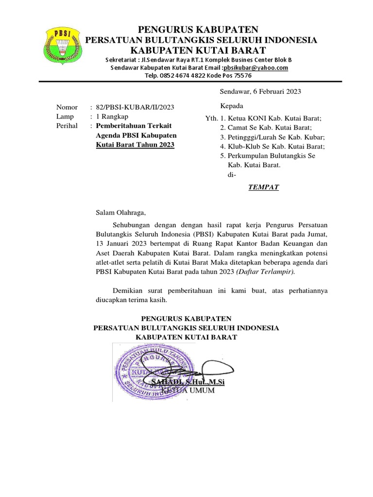 Surat Pemberitahuan Pbsi | PDF