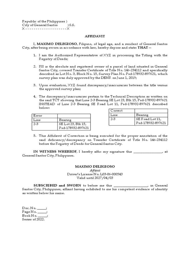 Affidavit of Correction of Technical Description-XXX-Sample | PDF
