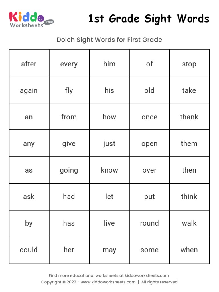 Sight Words 1st Grade Worksheet | PDF