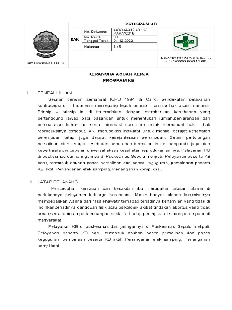 Kerangka Acuan Program KB Puskesmas | PDF