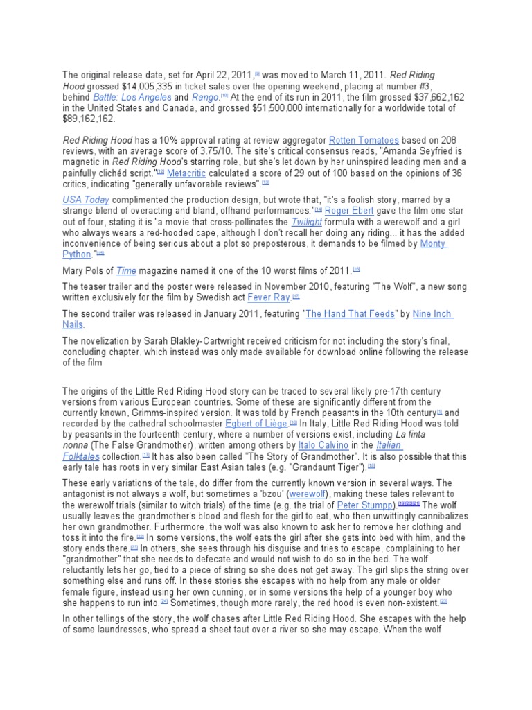 Red Riding Hood: Film & Folklore Analysis | PDF | Little Red Riding Hood