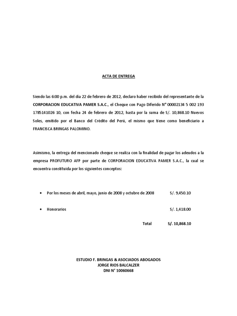 Acta de Entrega de Cheque | PDF