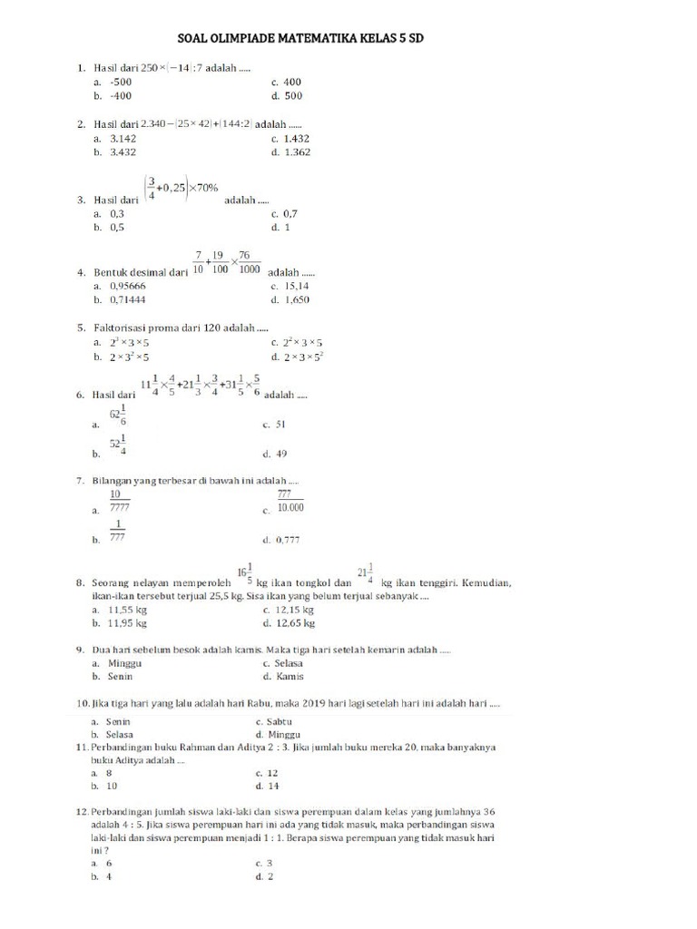 Soal Olimpiade Matematika Kelas 5SD | PDF