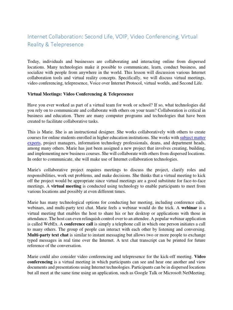 3.4-Internet Collaboration - Second Life, VOIP, Video Conferencing, Virtual Reality ...