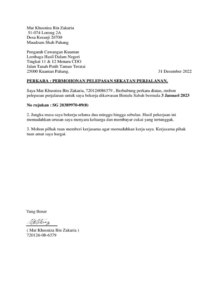 Surat Pelepasan Kerja 3hb | PDF