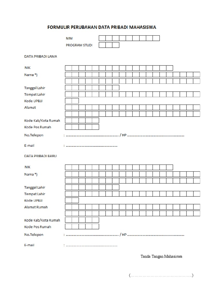 Formulir Perubahan Data Pribadi Mahasiswa UT 12012020 (Edit NIK) | PDF