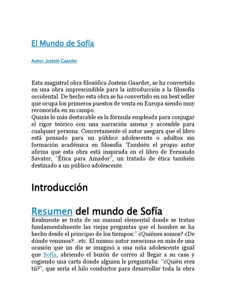 El Mundo de Sofia Resumen | PDF | Platón | David Hume