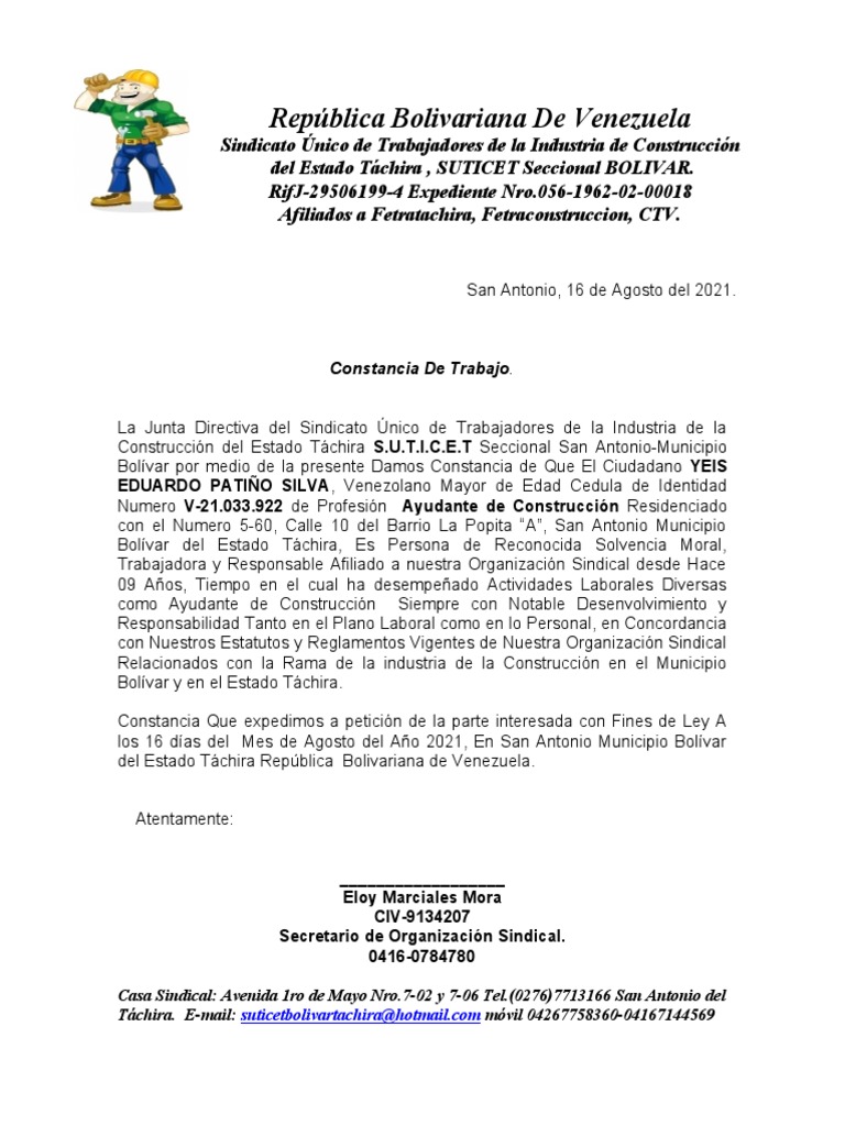 Constancia Sindicato | PDF | Venezuela