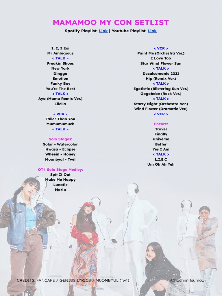 Mamamoo Mycon Setlist Lyrics and Fanchants (Romanized) | Download Free PDF | Musicians | Pop Music
